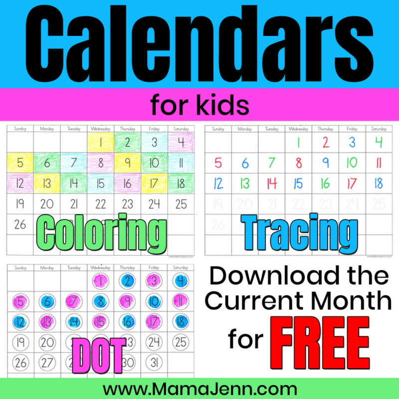 FREE Printable Calendars for Kids: Trace, Color or use Dot Markers